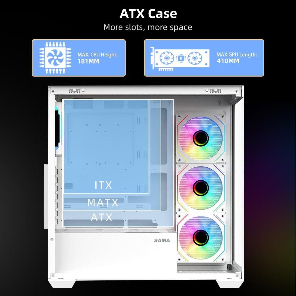 SAMA PC CASE ATX 4 Pre-installed ARGB Fans, Type C Mid-Tower Computer ...
